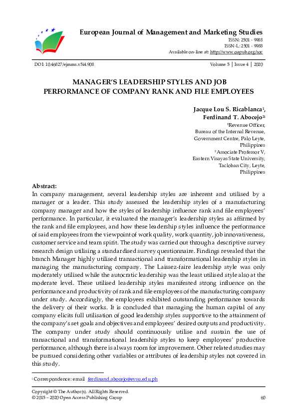 (PDF) Manager’s Leadership Styles and Job Performance of Company Rank ...