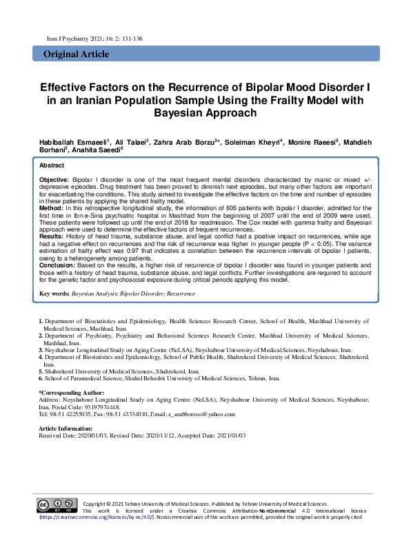 (PDF) Effective Factors on the Recurrence of Bipolar Mood Disorder I in an Iranian Population ...