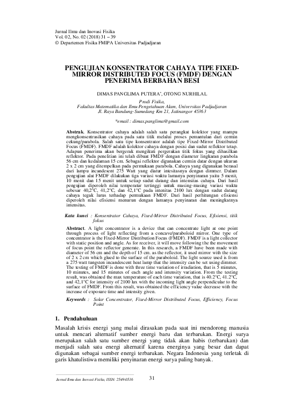 (PDF) Pengujian Konsentrator Cahaya Tipe Fixed-Mirror Distributed Focus (FMDF) Dengan Penerima ...
