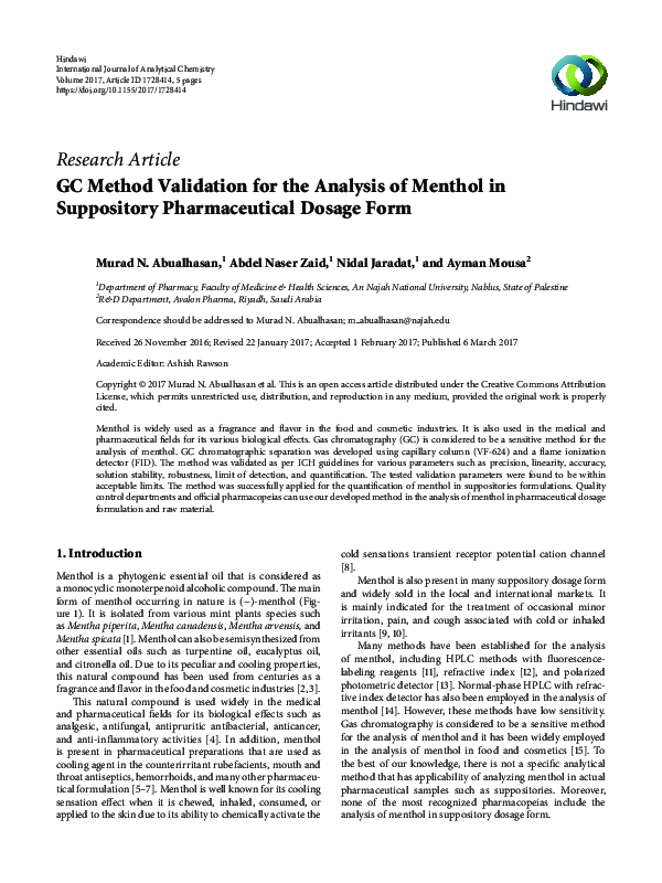(PDF) GC Method Validation for the Analysis of Menthol in Suppository ...