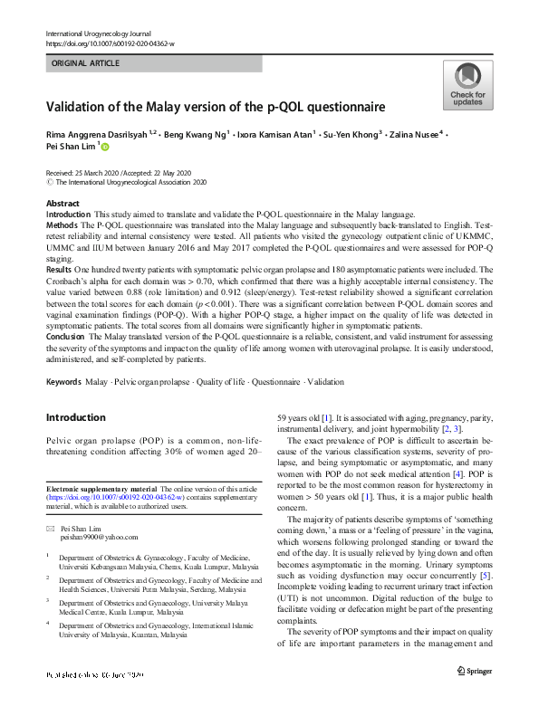 (PDF) Validation of the Malay version of the p-QOL questionnaire