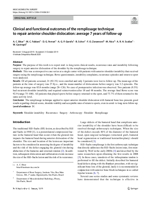 (PDF) Clinical and functional outcomes of the remplissage technique to ...