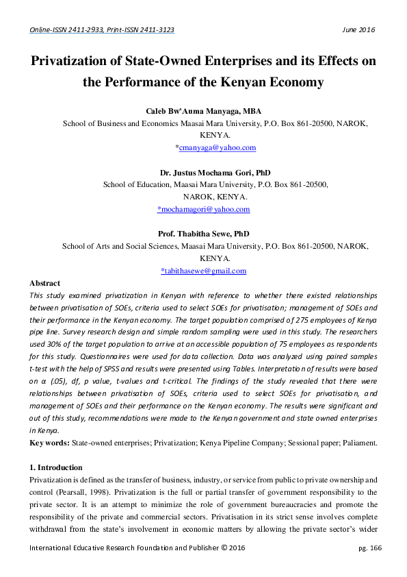 (PDF) Privatization of State-Owned Enterprises and its Effects on the Performance of the Kenyan ...