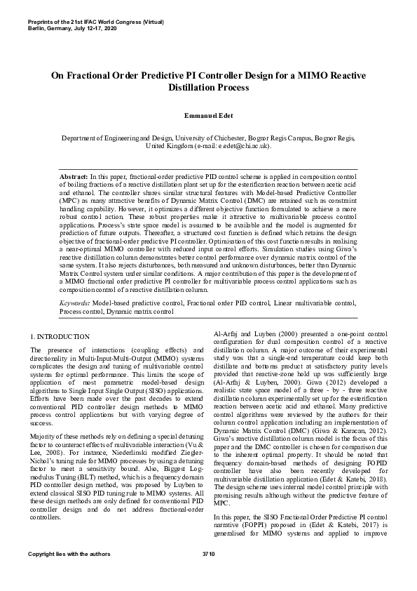 Pdf On Fractional Order Predictive Pi Controller Design For A Mimo Reactive Distillation Process