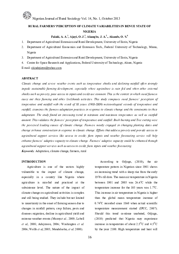 (PDF) RURAL FARMERS' PERCEPTION OF CLIMATE VARIABILITIES IN BENUE STATE ...