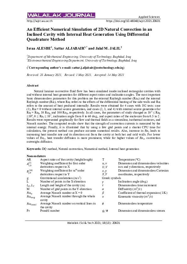 Pdf An Efficient Numerical Simulation Of 2d Natural Convection In An