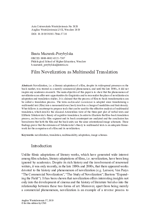 (PDF) Film Novelization as Multimodal Translation