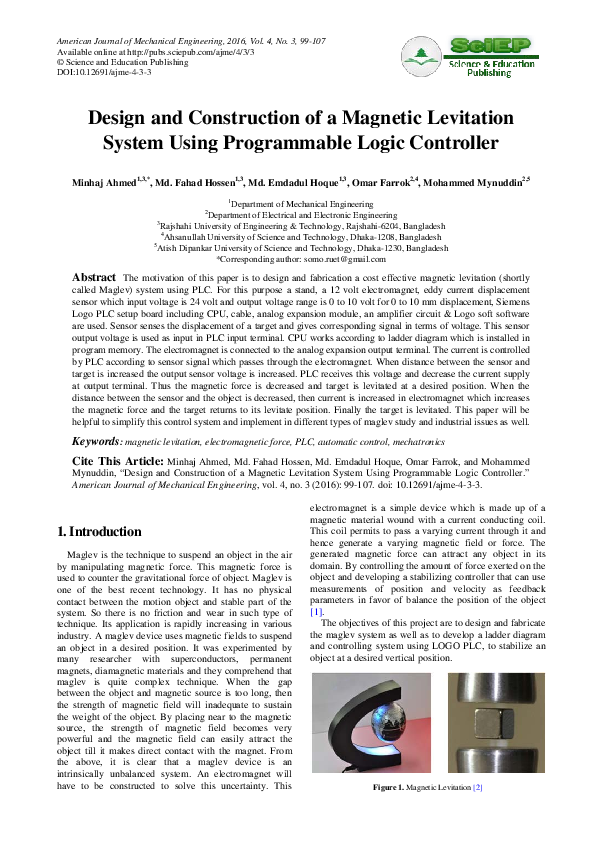 Pdf Design And Construction Of A Magnetic Levitation System Using Programmable Logic Controller