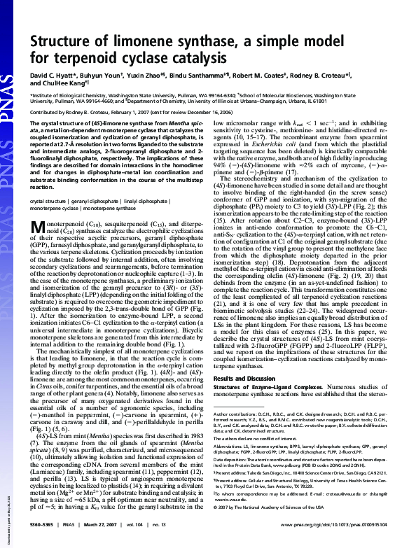 (PDF) Structure of limonene synthase, a simple model for terpenoid ...