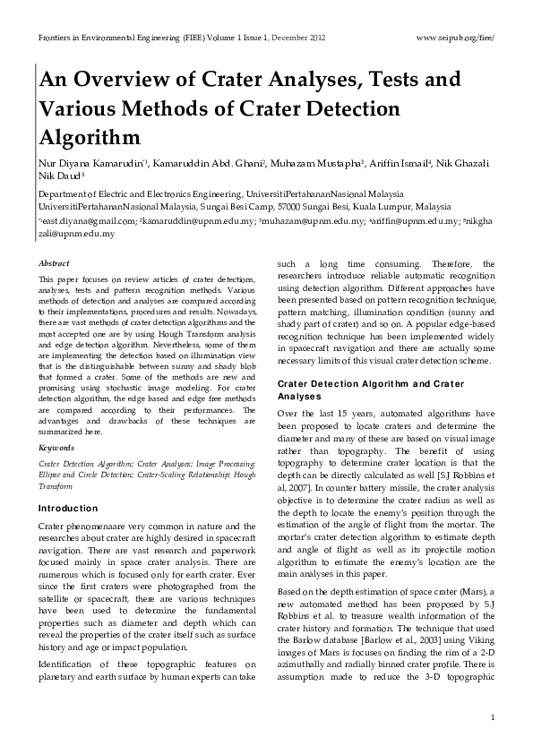 Pdf An Overview Of Crater Analyses Tests And Various Methods Of Crater Detection Algorithm