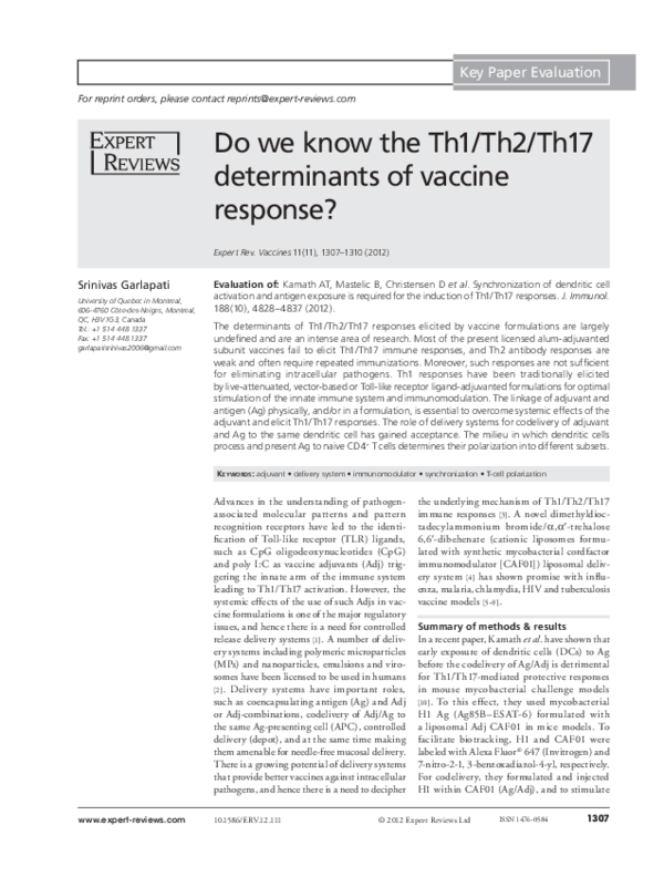 (PDF) Do we know the Th1/Th2/Th17 determinants of vaccine response?