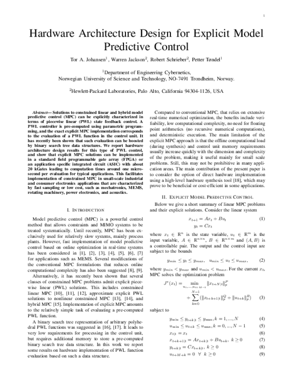 (PDF) Hardware architecture design for explicit model predictive control