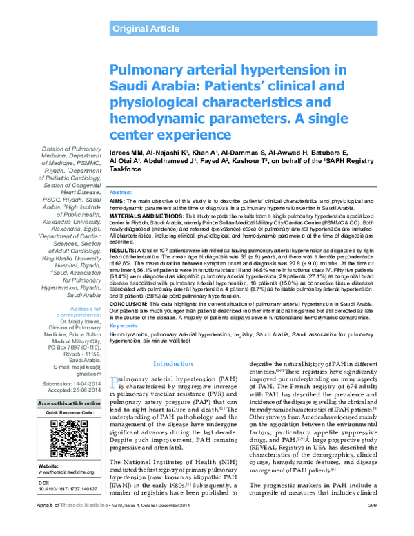 (PDF) Pulmonary arterial hypertension in Saudi Arabia: Patients′ clinical and physiological ...