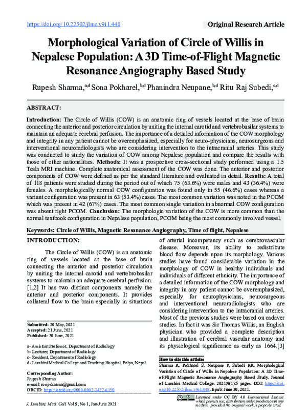 (PDF) Morphological Variation of Circle of Willis in Nepali Population ...