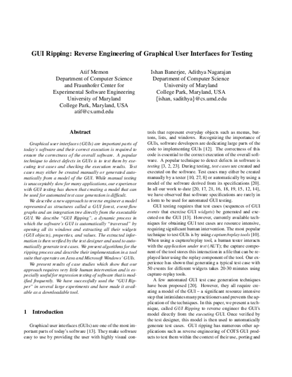 Pdf Gui Ripping Reverse Engineering Of Graphical User Interfaces For Testing