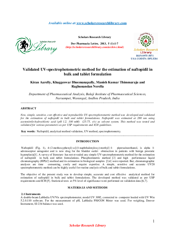 Pdf Validated Uv Spectrophotometric Method For The Estimation Of Naftopidil In Bulk And Tablet