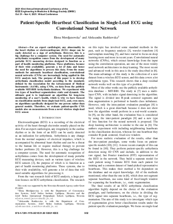 Pdf Patient Specific Heartbeat Classification In Single Lead Ecg Using Convolutional Neural