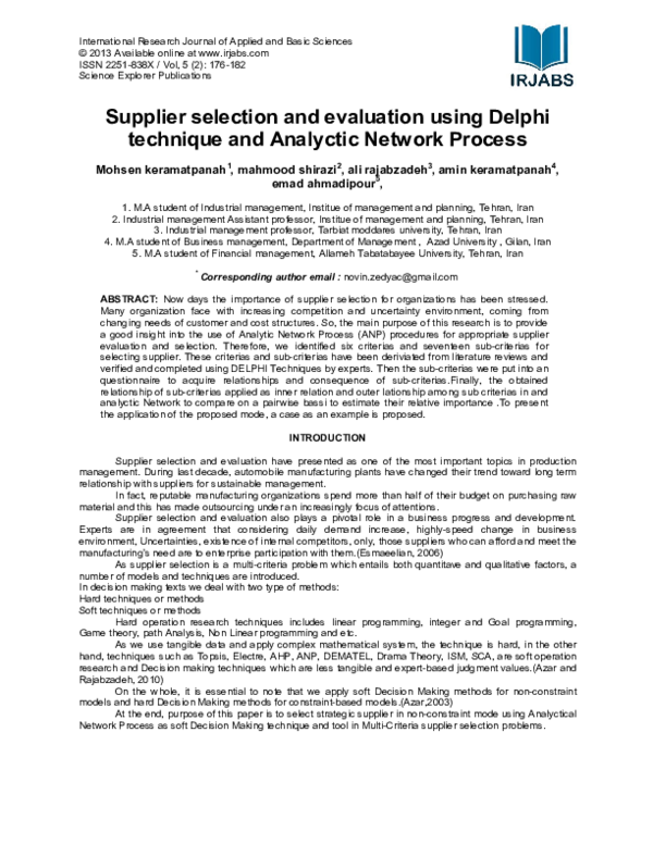 Pdf Supplier Selection And Evaluation Using Delphi Technique And