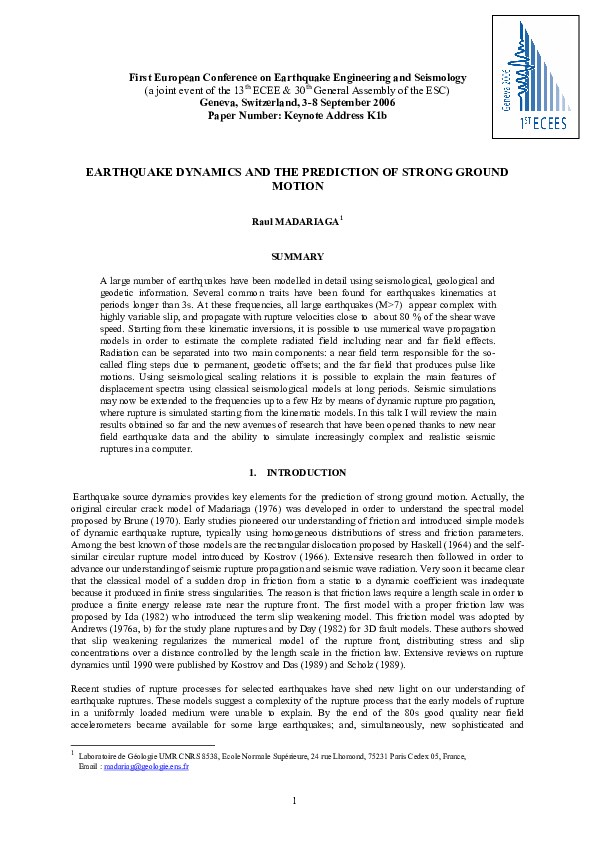 (PDF) Earthquake dynamics and the prediction of strong ground motion