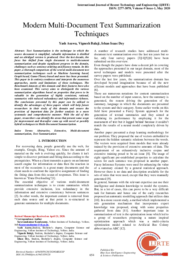 (PDF) Modern Multi-Document Text Summarization Techniques