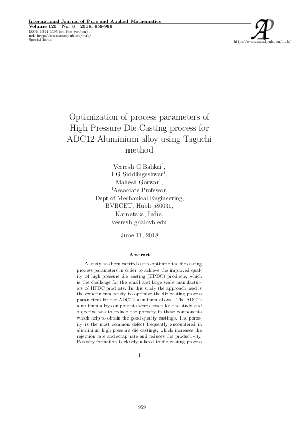 (PDF) Optimization of process parameters of High Pressure Die Casting process for ADC 12 ...