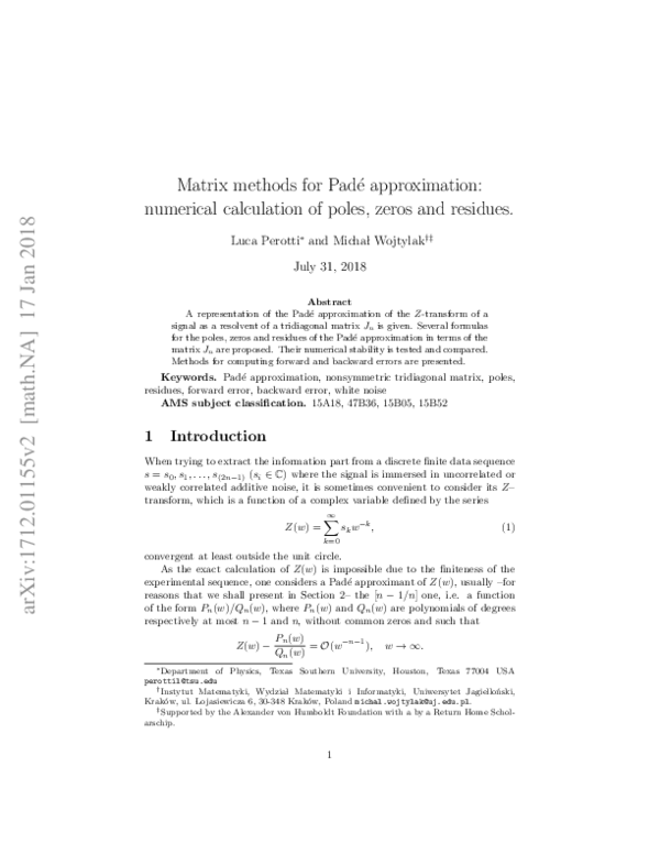 (PDF) Matrix methods for Padé approximation: Numerical calculation of poles, zeros and residues