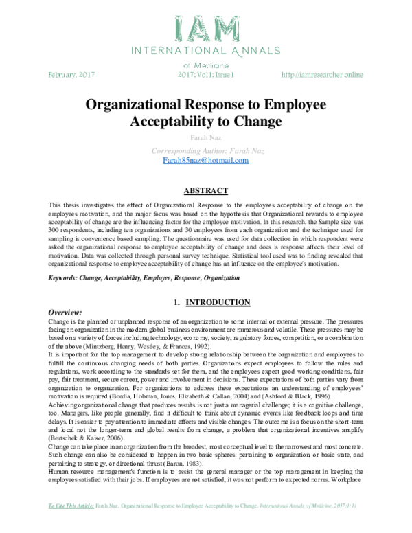 (PDF) The Organizational Response to Employee Acceptability to Change