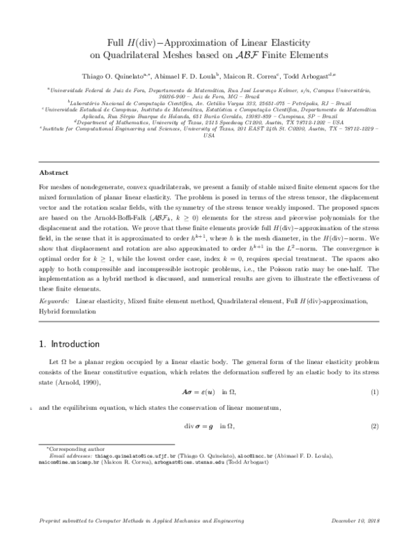 Pdf Full Hdiv Approximation Of Linear Elasticity On Quadrilateral