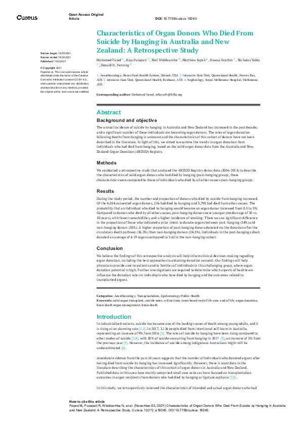 (PDF) Characteristics of Organ Donors Who Died From Suicide by Hanging ...