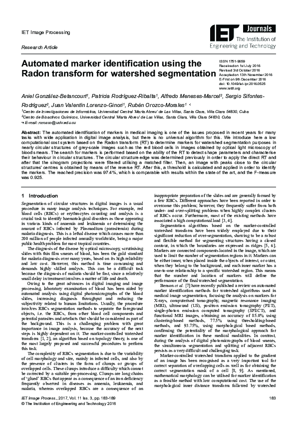 Pdf Automated Marker Identification Using The Radon Transform For Watershed Segmentation