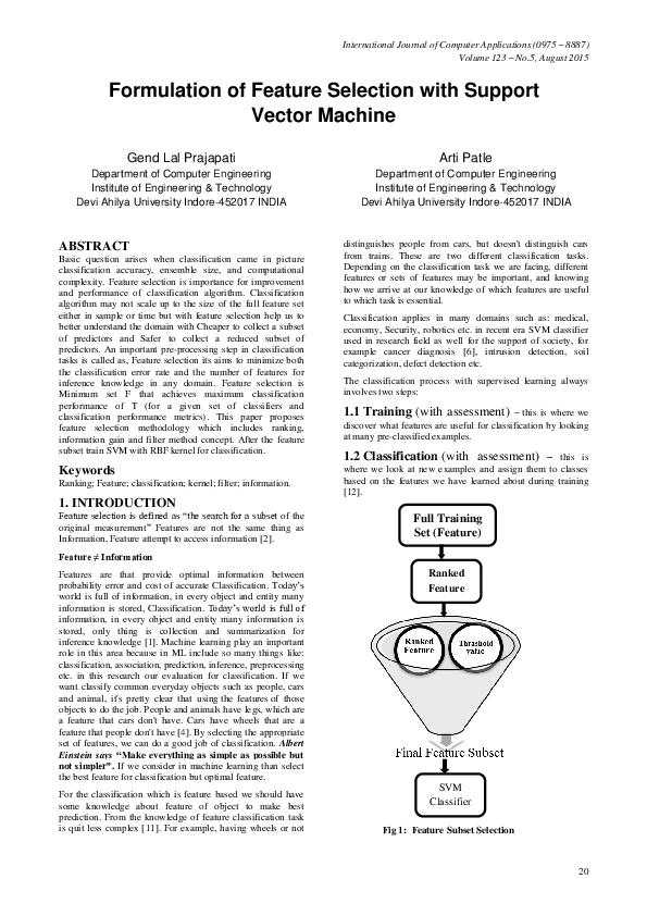 (PDF) Formulation of Feature Selection with Support Vector Machine