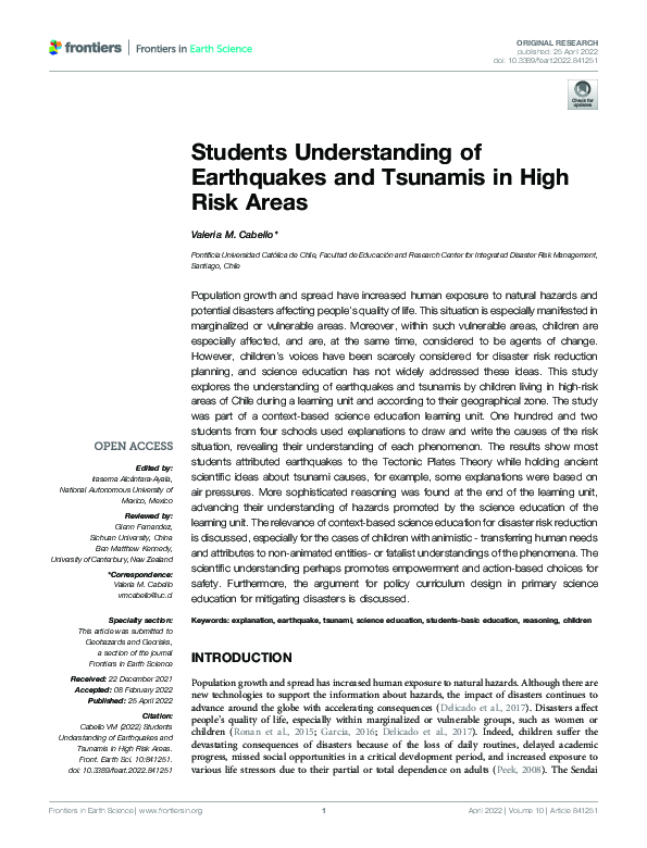 (PDF) Students Understanding of Earthquakes and Tsunamis in High Risk Areas