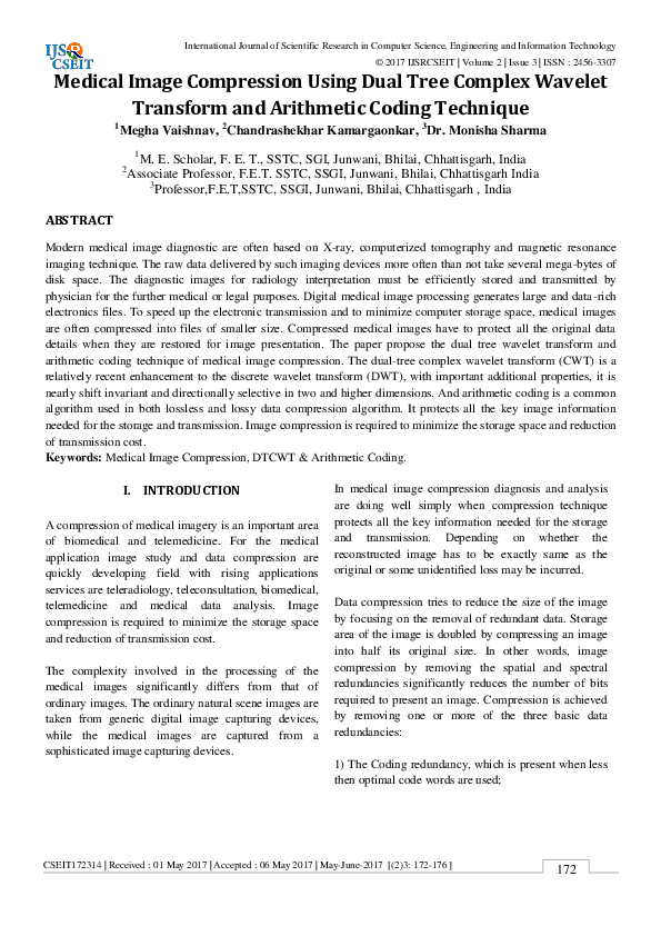 (PDF) CSEIT172314 | Medical Image Compression Using Dual Tree Complex Wavelet Transform and ...