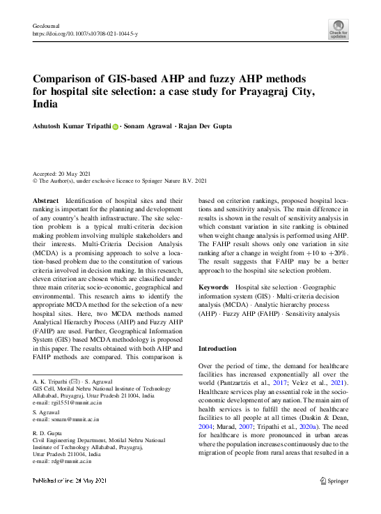 (PDF) Comparison of GIS-based AHP and fuzzy AHP methods for hospital site selection: a case ...