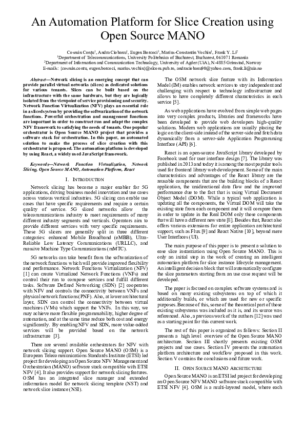 (PDF) Automation Platform for Slice Creation using Open Source MANO