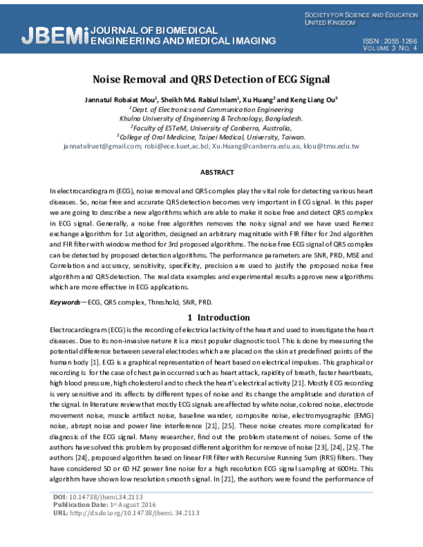 (PDF) Noise Removal and QRS Detection of ECG Signal
