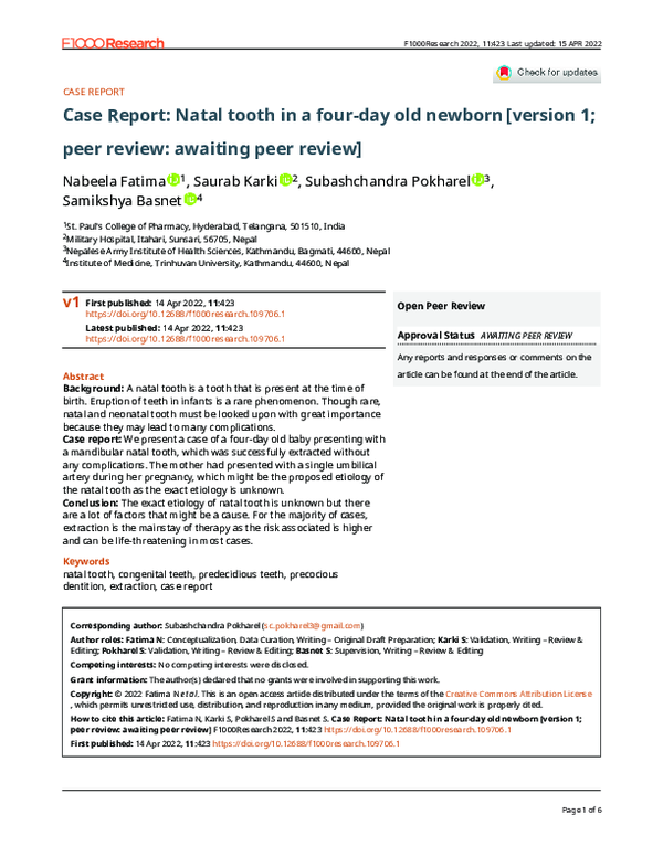 (PDF) Case Report: Natal tooth in a four-day old newborn