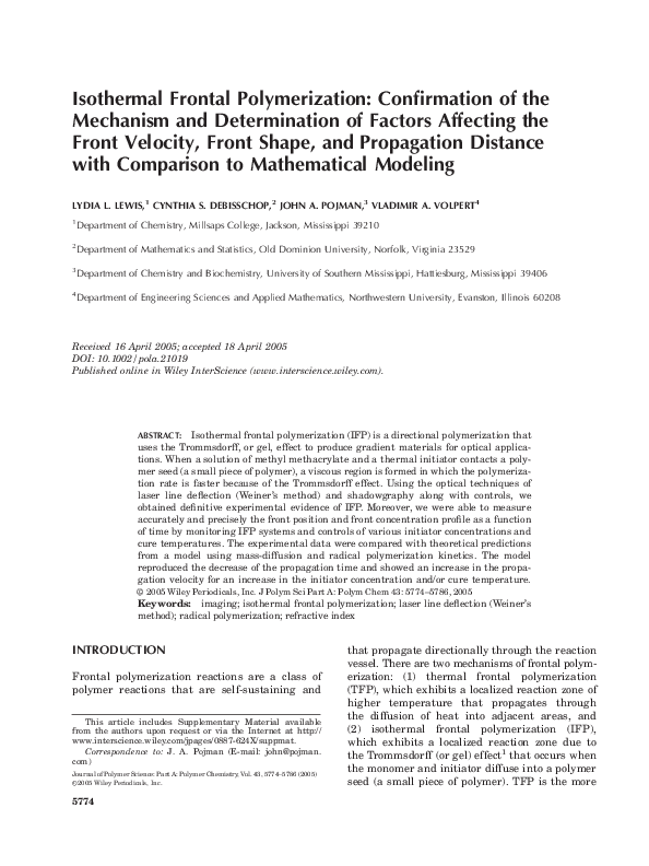 (PDF) Isothermal frontal polymerization: Confirmation of the mechanism and determination of ...