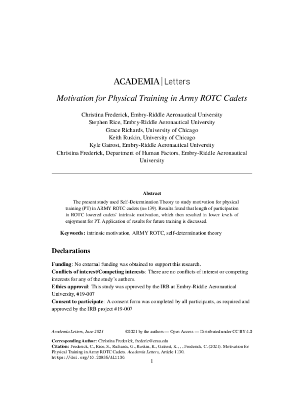(PDF) ACADEMIA Letters Motivation for Physical Training in Army ROTC Cadets