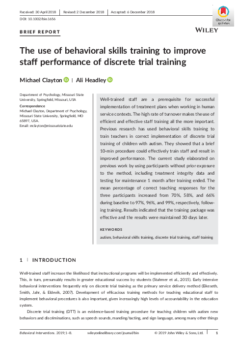 (PDF) The use of behavioral skills training to improve staff ...