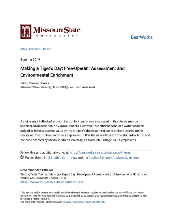 (PDF) Making a Tiger’s Day: Free-Operant Assessment and Environmental ...
