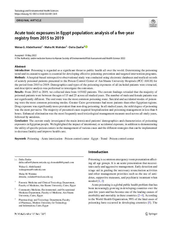 (PDF) Acute toxic exposures in Egypt population: analysis of a five ...