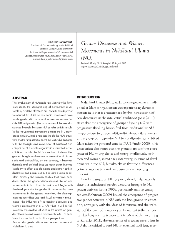 (PDF) Gender Discourse and Women Movements in Nahdlatul Ulama (NU)