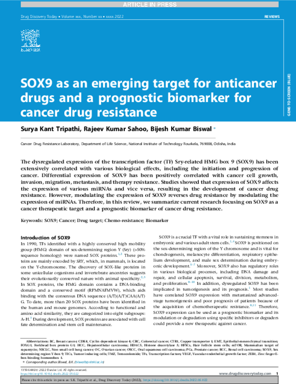 (PDF) SOX9 as an emerging target for anticancer drugs and a prognostic ...