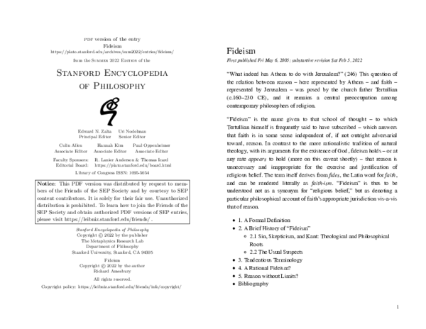 (PDF) "Fideism" (Stanford Encyclopedia of Philosophy, 2022 Revised Version)