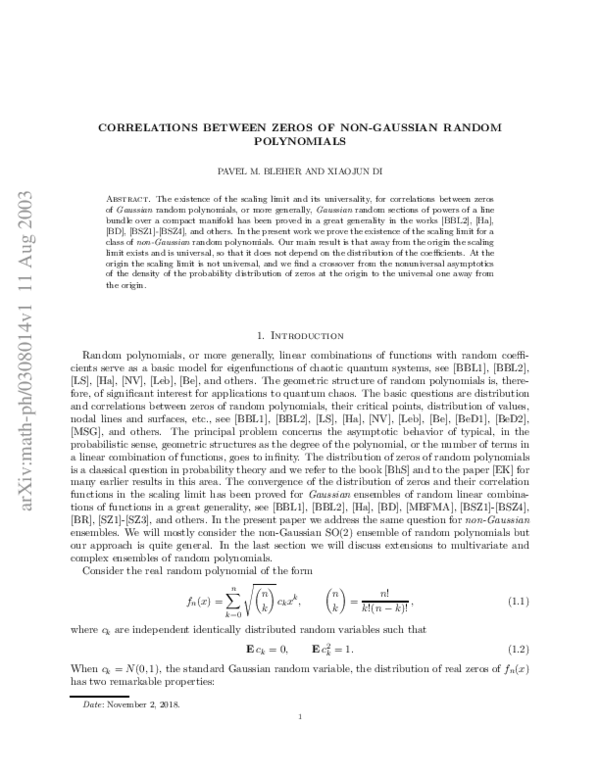 (PDF) Correlations between zeros of non-Gaussian random polynomials