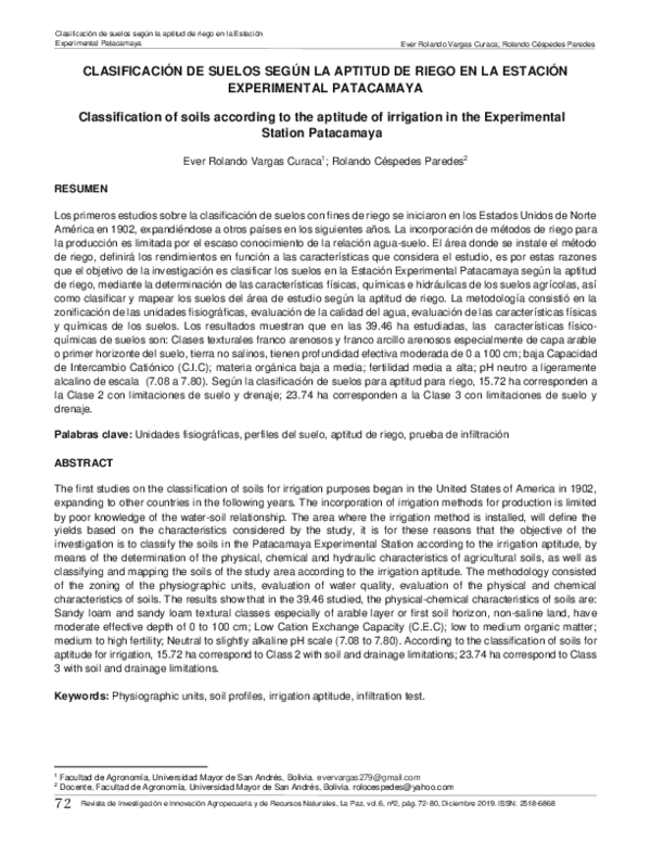 (PDF) Clasificación de suelos según la aptitud de riego en la estación experimental Patacamaya