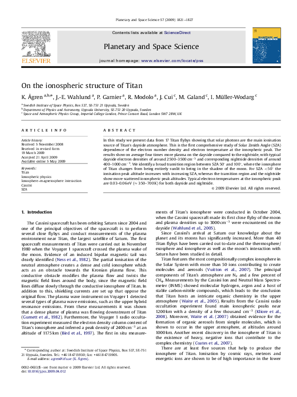 (PDF) On the ionospheric structure of Titan