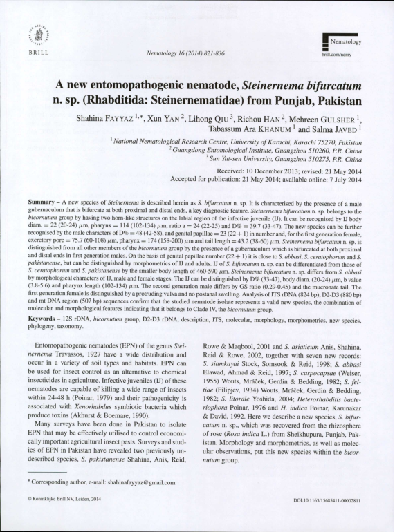 (PDF) A new entomopathogenic nematode, Steinernema bifurcatum n. sp. (Rhabditida ...
