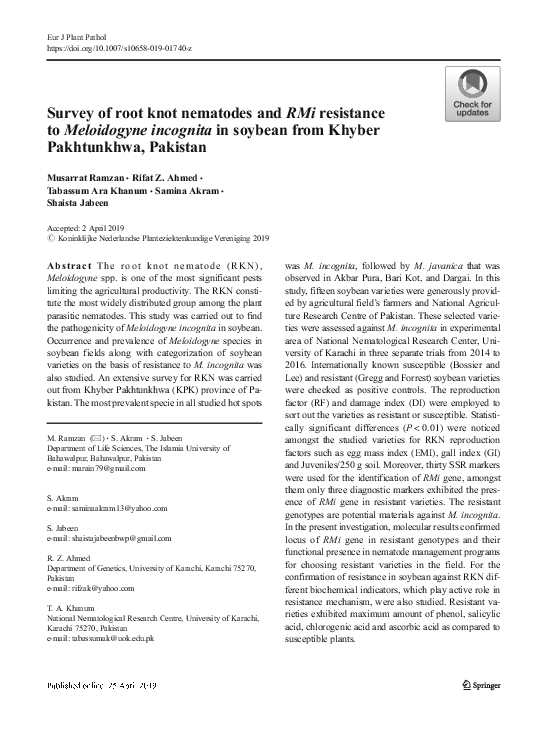 (PDF) Survey of root knot nematodes and RMi resistance to Meloidogyne incognita in soybean from ...
